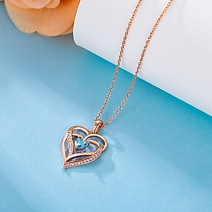 Love Heart Necklace for Women 925 Sterling Silver Gold Plated Birthstone Pendant Necklaces for Women with 5A Cubic Zirconia Valentine‘s Gift Birthday Gift for Mom Women Her (Z-Rose Gold-03-Mar)
