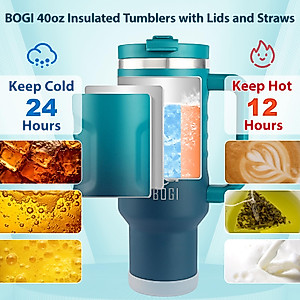 BOGI 40 oz Tumbler with Handle and Straw, 2 in 1 Lid Stainless Steel Tumbler with Lid and Straw Leak Proof Insulated Tumblers Reusable Travel Coffee Mug Cupholder-Friendly Travel Mug | Blue Dark Blue