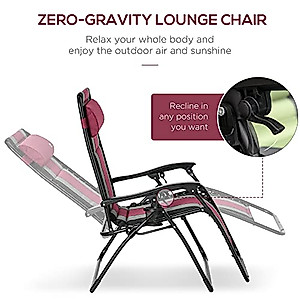 Outsunny XL Oversize Zero Gravity Recliner, Padded Patio Lounger Chair, Folding Chair with Adjustable Backrest, Cup Holder, and Headrest for Backyard, Poolside, Lawn, Striped, Wine Red