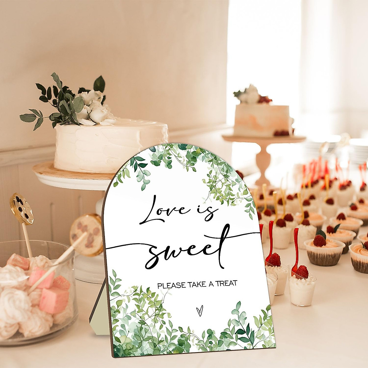 Love is Sweet Please Take A Treat Sign, Love is Sweet Sign for Baby Shower, Bridal Shower Decor Supplies, Eucalyptus Leaf Decoration Wedding Sign Favors for Guests 9 * 11IN
