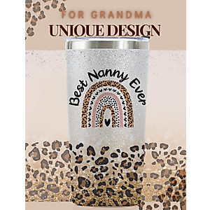 Onebttl Nanny Gifts from Granddaughter, Grandson, Insulated Stainless Steel Wine Tumbler with Lid and Straw, for Grandma on Mother's Day, Birthday, Christmas, Best Nanny Ever, Glitter Silver, 20 oz