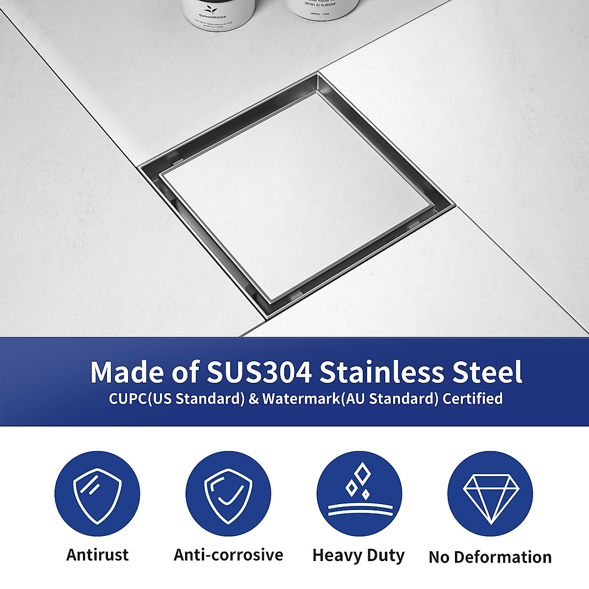 Bernkot Square Shower Drain 6", Brushed Floor Drain with Tiled Insert Grate & Hair Strainer, 304 Stainless Steel Bathroom 2-in-1 Tiled in Drain, CUPC Certified