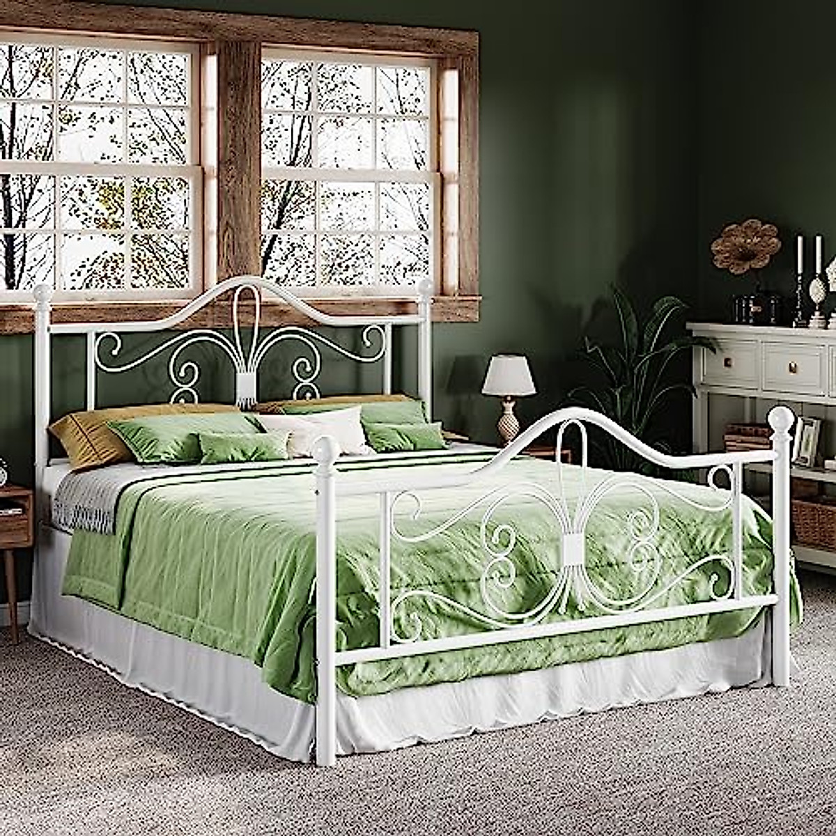 Allewie Queen Size Bed Frame with Headboard,Metal Bed Frame with Butterfly Pattern Design Headboard & Footboard,No Box Spring Needed,Easy Assembly,White