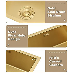 Gold Bar Prep Sink Mini Trumpet Kitchen Essential Sink 15 x10 Inch Rectangular Stainless Steel RV Utility Sink with Golden Drain Strainer Stopper, Single Bowl Undermount or Drop-In