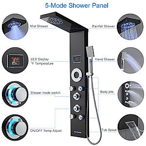 ROVOGO No Battery Needed Shower Panel System with Led Lights, MIST & RAIN Shower, 5 Body Jets, Handheld, Tub Spout and Temperature Display, Water Powered Led Shower Tower Column Stainless Steel, Black