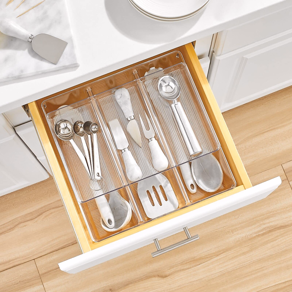 mDesign Plastic Kitchen Drawer Organizer Tray Set - Horizontal Storage Bin for Organizing Cutlery, Flatware, Silverware, Utensil, and Appliances - 12" Long - Ligne Collection - Clear
