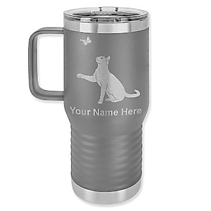 20oz Vacuum Insulated Travel Mug with Handle, Cat with Butterfly, Personalized Engraving Included (Gray)