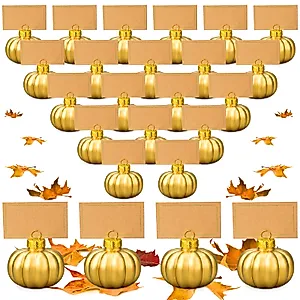 Soaoo 24 Set Thanksgiving Glass Harvest Pumpkin Place Card Holders with Thanksgiving Greeting Cards Fall Pumpkin Decor Table Name Holders Table Sign Card Holder for Thanksgiving Wedding Party (Gold)