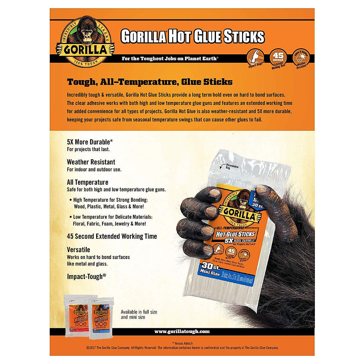 Gorilla Hot Glue Sticks, Full Size, 4" Long x .43" Diameter, 30 Count, Clear, (Pack of 3)