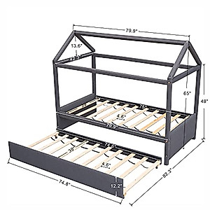 Lostcat Twin Size Upholstered House Platform Bed with Trundle,Twin Bunk Bed with Roof Design for Kids, Teens, Girls, Boys,No Box Spring Required,Grey