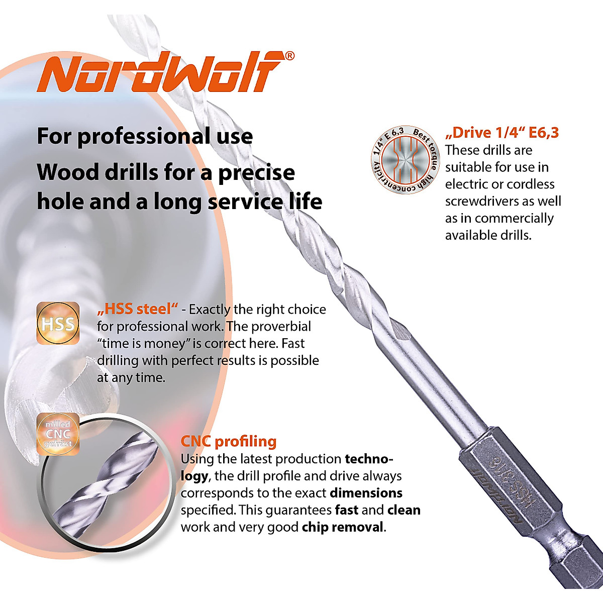 NordWolf 7-Piece HSS Brad Point Wood Drill Bit Set with 1/4" Hex Shank for Carpenter Woodworking, SAE Sizes 1/8"(x3)-3/16"(x2)-1/4"(x2)