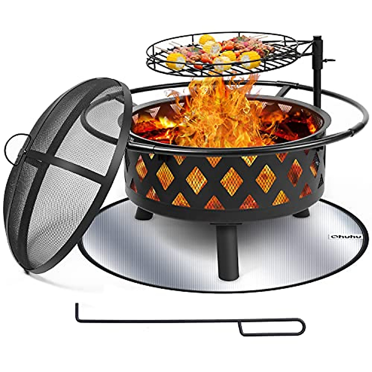 30 Inch Large Fire Pit with Cooking Grate for Outside, Ohuhu 2-in-1 Outdoor Wood Burning Fire Pits with Fireproof Mat, Mesh Lid & Poker, BBQ Grill Firepit for Patio Backyard Garden Camping Bonfire