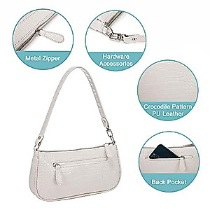 Loiral Shoulder Bags for Women, Retro Classic Tote HandBag Crocodile Pattern Clutch Mini Purse with Zipper Closure, White