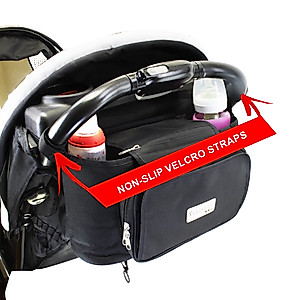 Fullyuse 2 in 1 Stroller Organizer with Wipes Warmer, 2 insulated cup holder, adjustable Non-slip strap, Trash pocket, Magnetic seals, Large capacity for baby essential, durable Waterproof Material