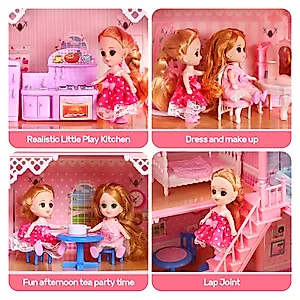 CUTE STONE Dollhouse, Doll House with Flashing Lights, Pretend Play Toddler Dollhouse Sets with 2 Dolls, Furniture, 8 Rooms and Doll Accessories, Creative Gift for Girls, L32 xH23