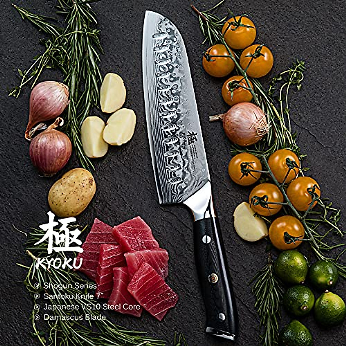 KYOKU Santoku Knife - 7" - Shogun Series - Japanese VG10 Steel Core Forged Damascus Blade - with Sheath & Case