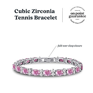 KEZEF Tennis Bracelets For Women - Cubic Zirconia - Oval 7x5mm Pink Gemstones - Round 2.50mm White CZ - Silver Plated Brass - 7 Inch - Hypoallergenic Bracelets