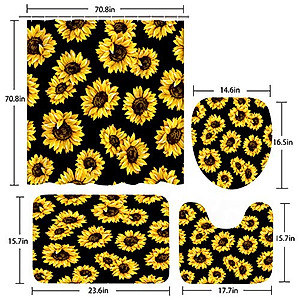 ArtSocket 4 Pcs Shower Curtain Set Yellow Sunflower Black Floral Blooms Bouquet consecutively Garden Leaf Petal with Non-Slip Rugs Toilet Lid Cover and Bath Mat Bathroom Decor Set 72" x 72"
