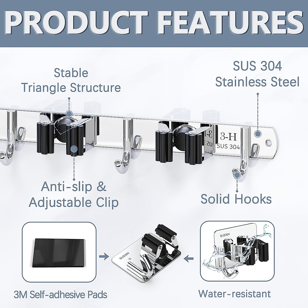 3-H 2 Pack Broom Hanger Wall Mount,Broom Holder Stainless Steel,Broom Holder Wall Mount Self Adhesive,Broom Organizer Storage Tool Racks for Home Kitchen Garden Laundry Garage(Silver)