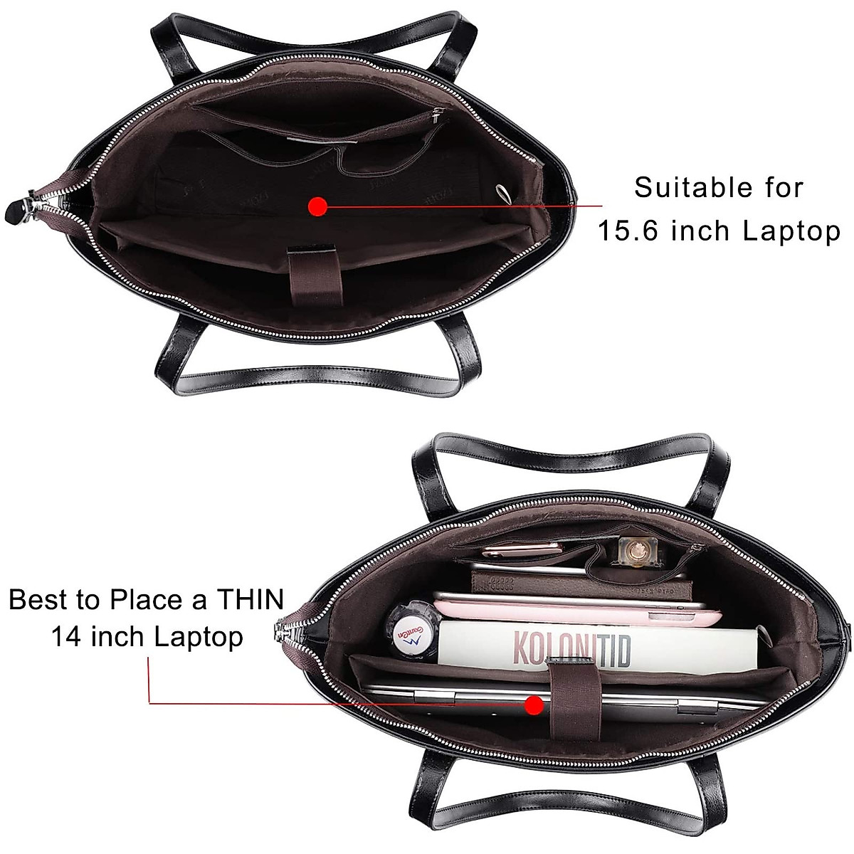 S-ZONE Leather Tote Bag for Women Office Shoulder Handbag 15.6 Inch Work Laptop Briefcase (Black)