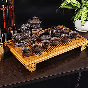 Ufine Bamboo Tea Tray 19.7 inch Large Tea Serving Tray with Water Storage Drainage Chinese Gongfu Tea Table Gift Set Home Office