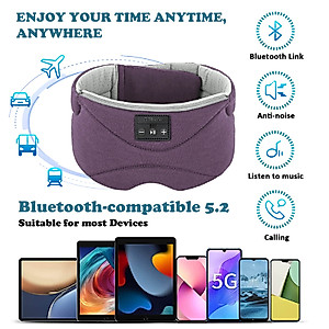 Sleep Mask with Bluetooth Headphones 24 White Noise, Ultra-Thin Speaker Cold Pack Blackout Bluetooth Eye Mask Sleep Headphones for Side Sleepers, Airplane, Travel, Cool Gadgets for Women Man (Purple)