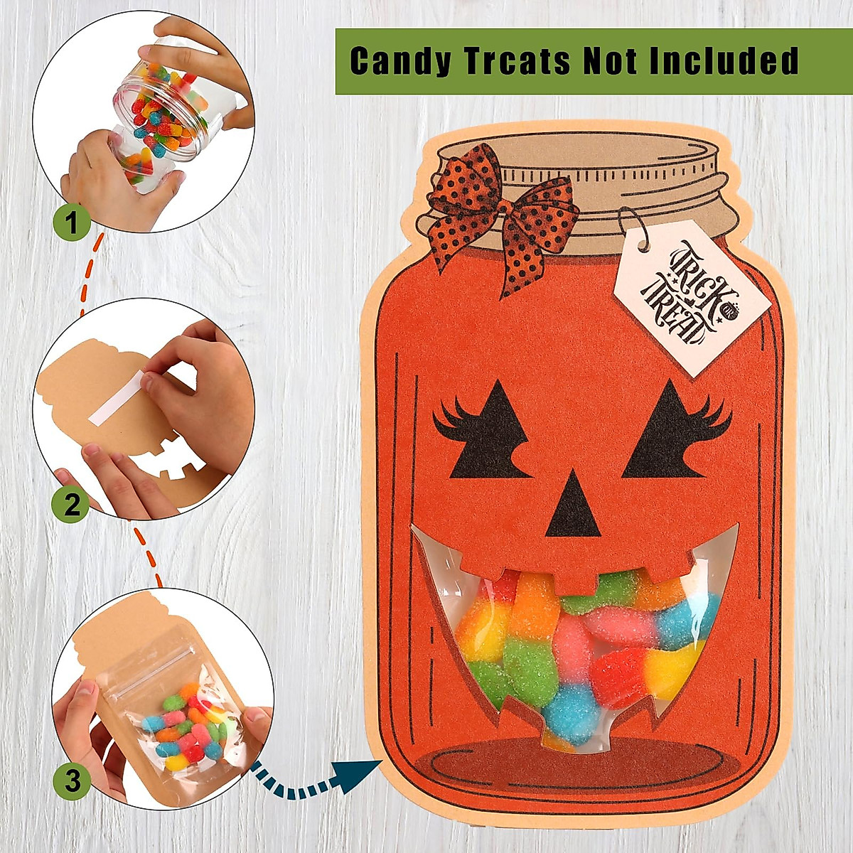 Halloween DIY Crafts Art Cards for Kids-50 Pack Halloween Party Treat Bags Cards Kits for Classroom School, Mason Jar Shape Halloween Treats for Trick or Treaters,Trunk or Treat Party Favors Supplies