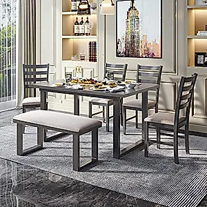 Merax 6-Piece Wooden Dining Table Set with 4 Chairs and 1 Bench, Family Furniture for Kitchen, Grey(Beige Cushion)