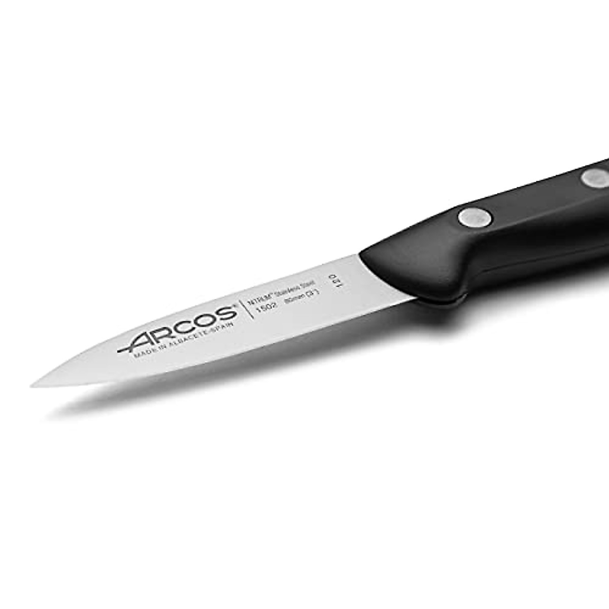 ARCOS Paring Knife 3 Inch Stainless Steel. Professional Kitchen Knife for Peeling Fruits and Vegetables. Ergonomic Polyoxymethylene Handle and 80mm Blade. Series Maitre. Color Black