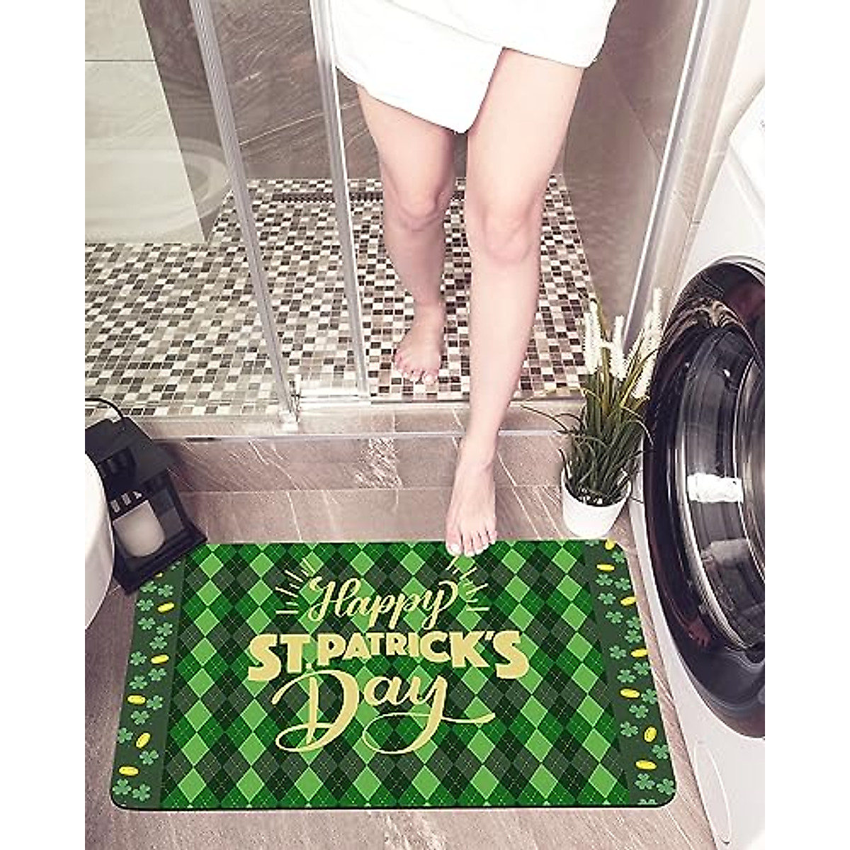 Geometry Bath Mat for Tub,Non Slip Bathroom Floor Runner Rug Quick Dry & Absorbent Diatomaceous Earth Kitchen Room Shower Sink Washable Doormat,St. Patrick's Day Checkered Clover Irish Green 18"x30"