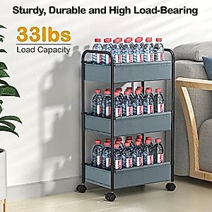 3 Tier Rolling Cart, YASONIC Storage Cart with Handle and Lockable Wheels, Multifunctional Metal Utility Cart with Skin-Friendly Fabric, Easy Assembly, for Kid’s Room, Nursery Room, Classroom, Gray