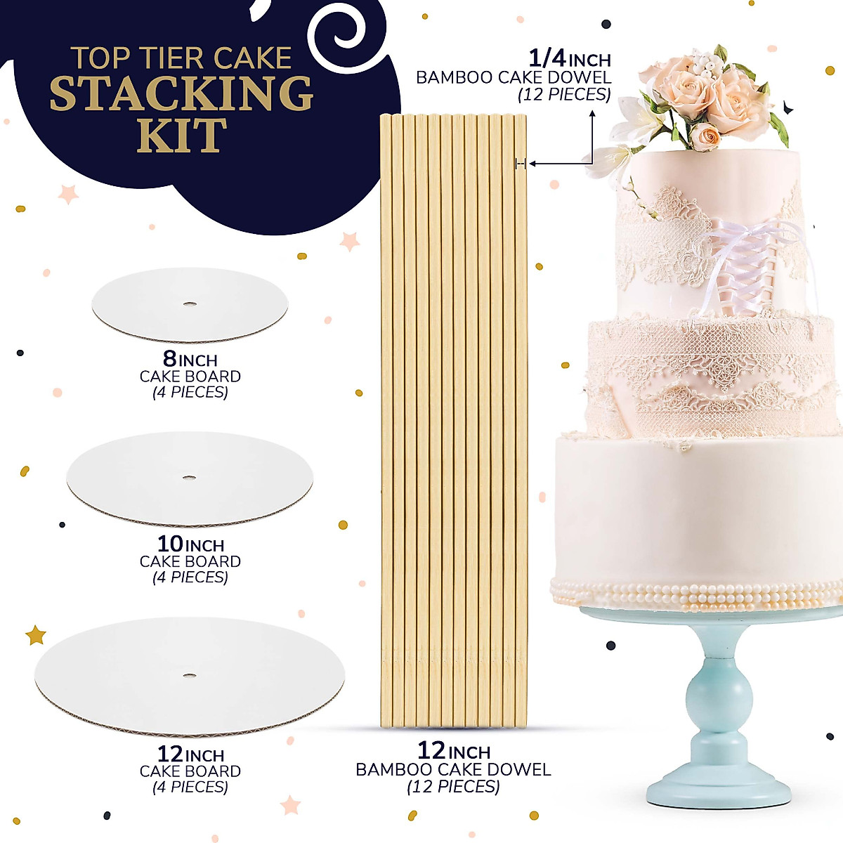 FromJennWithLove Cake Cardboard Rounds - Includes 8", 10", 12" Cake Boards with 12" x 0.25" Bamboo Dowels, Tier Cake Stacking Kit, Cake Dowels for Tiered Cakes, Cake Decorating Supplies