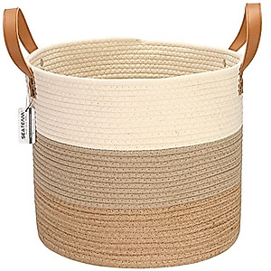 Sea Team Large Size Cotton Rope Woven Storage Basket with Handles, Laundry Hamper, Trunk Organizer, Clothes Toys Bin for Kid's Room, 15 x 13 inches, Round Open Design, Off White & Brown