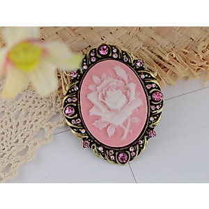 Alilang Vintage Inspired Antique Reproduct Rose Pink Crystal Flower Cameo Pin Brooch, Rose Pink