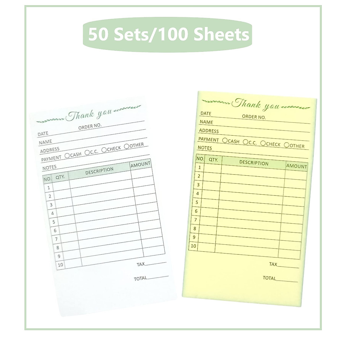 Thank You Receipt Book for Small Businesses 4x7 inches 2-Part Carbonless White Yellow 50 Sets 100 Sheets per Book with Wrap Around Cover Blank Signature Stamp Section 1 Pack Green