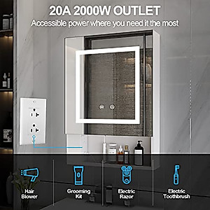 LALAHOO 28" X 20" Medicine Cabinet for Bathroom with Mirror, Built-in Outlet, LED Bathroom Medicine Cabinet with Anti-Fog, Wall Mounted Bathroom Cabinet with 3 Tier Storage Shelves, Dimmable Light