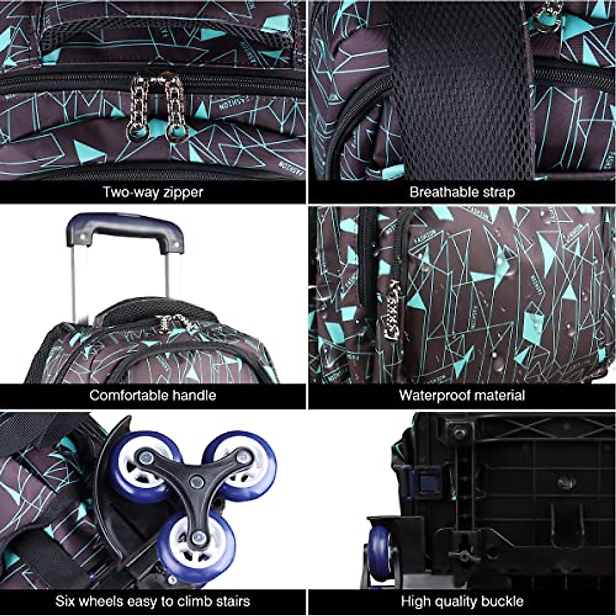 VILINKOU Rolling Backpack School Bag High-Capacity Backpack for Girl and Boy Rolling Trolley Bags Six Wheels Climbing Stairs (Black Blue Box)