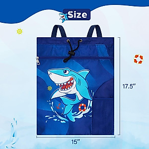 WAWSAM Shark Gym Drawstring Backpack - 15” x 17” Sports Gym Bag Drawstring Bag for Boys Kids Waterproof String Backpack for Beach Swim Travel Yoga Gift with Zipper Pocket and Water Bottle Pocket