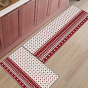 MUENINELE Kitchen Floor Rugs, Merry Christmas Snowflake Xmas Tree Geometric Pattern Red Non-Slip Runner Mats Runner Rugs for Laundry, Bedrooms, Sink, Office, 2 PCS Set