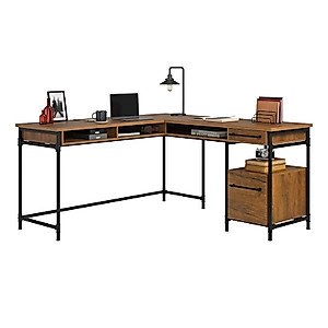 Sauder Iron City Engineered Wood L-Desk in Checked Oak Finish
