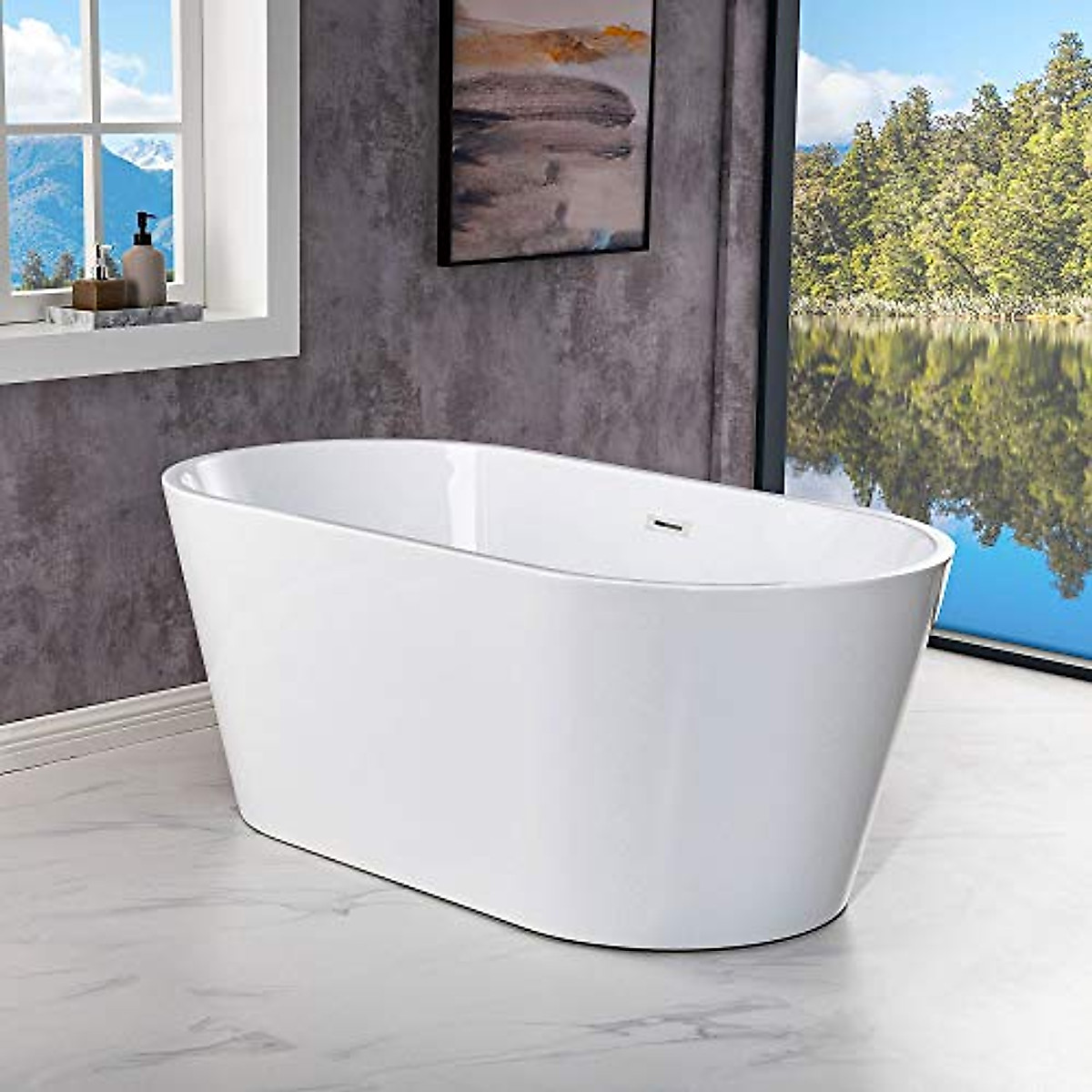 WOODBRIDGE 59" Acrylic Freestanding Bathtub Contemporary Soaking White Tub with Chrome Overflow and Drain，B0014-CH