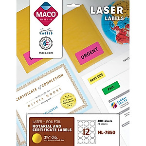 MACO Laser Gold Foil Notarial and Certificate Labels, 2-1/2 Inches in Diameter, 12 Per Sheet, 300 Per Pack (ML-7850)