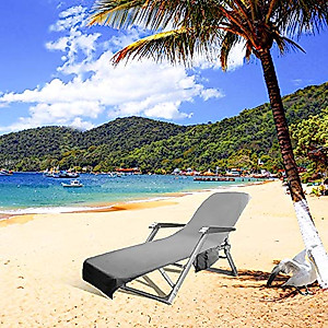 Hiturbo Beach Chair Cover, Lounge Chaise Towel Soft Microfiber Pool Sunbathing Lounger Cover with Side Storage Pockets (Gray)