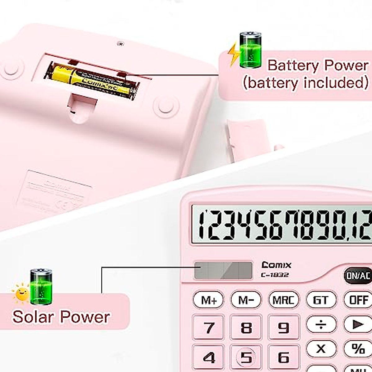 Comix Desktop Calculator 12 Digit with Large LCD Display and Big Button, 12 Digits Baisc Calculator, Solar Battery Dual Powered, for Office Home School C-1832(Pink)