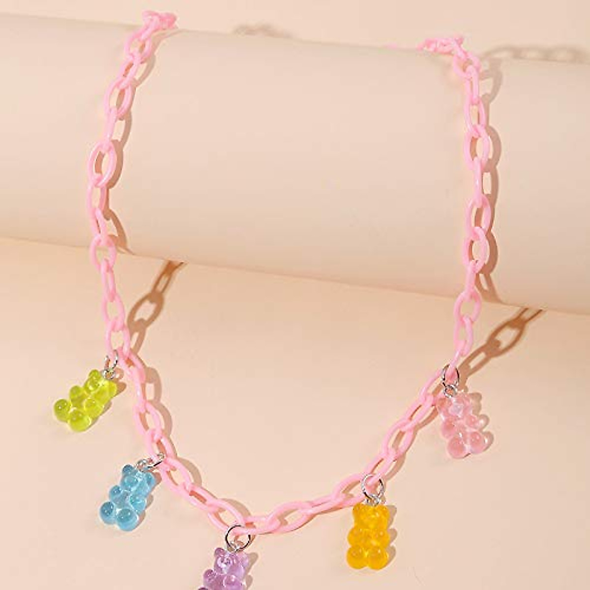COLORFUL BLING Cute Small Bear Acrylic Chain Necklace Resin Candy Color Gummy Bear Simple Jewelry for Women-Pink