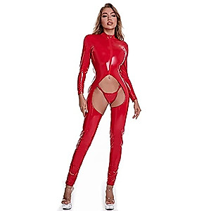 ACSUSS Women Sexy Hollow Out Latex Catsuit PVC Exotic Costume Lingerie Full Bodysuit Clubwear Overalls 2# Red 3X-Large