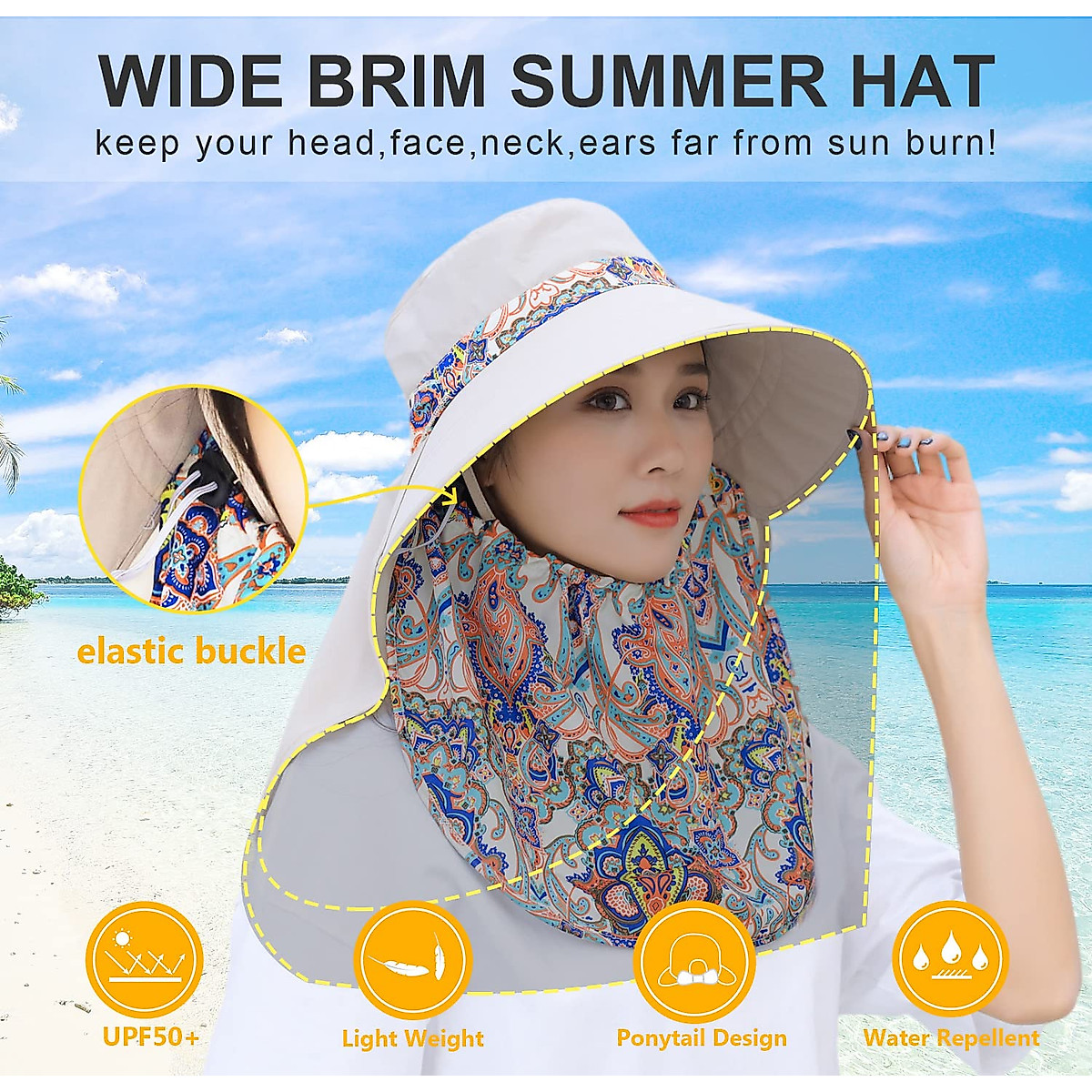 Women Sun Protection Hat Ponytail Neck Face Flap Cover Garden Summer Hats Travel Outdoor Fishing Visor Cap Chin Cord Sports M9099-mise
