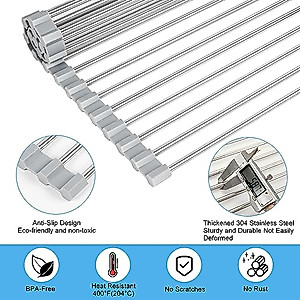 Mafegu Above Sink Dish Drying Rack Drainer,Roll Dish Rack,Kitchen Sink Countertop Multi-Use Collapsible Stainless Steel Dish Rack (20.5x13.7 in, 1)