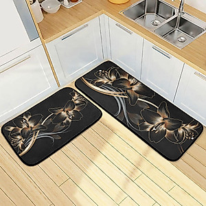 Kigai Kitchen Rugs 2 Piece Waterproof Non Slip Kitchen Mat Black Flower Kitchen Rug Set for Sink Office Kitchen Cafe, 19.7"x47.2"+19.7"x27.6"