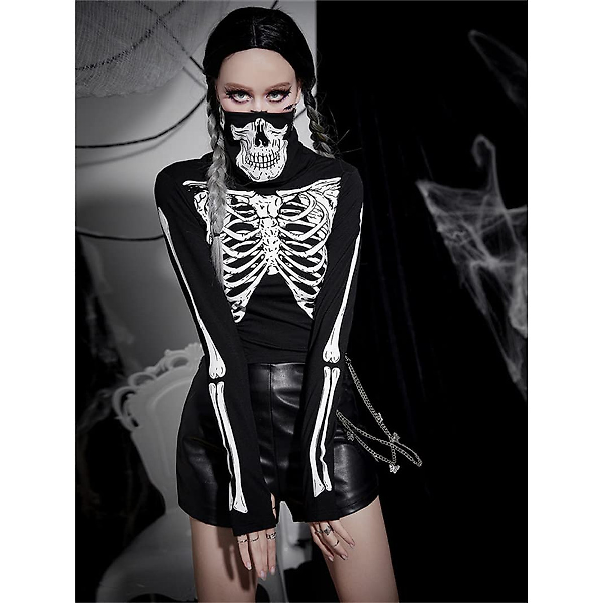 TOMETO STAR Punk Gothic Hoodies With Skeleton Printed Long Sleeve Crop Tops Emo Halloween Women Side Cutout Pullovers Fashion Hip Hop Streetwear